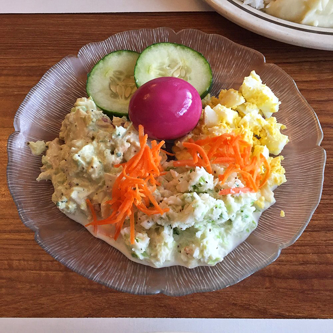 A colorful plate that proves Pennsylvania Dutch cooking isn't all about brown food. That vibrant pickled egg adds a pop of color and tangy contrast.