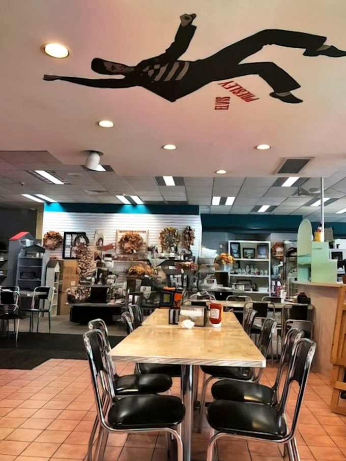 The silhouette of a dancing waiter on the ceiling perfectly captures the spirit of a place where food and fun are always in step.