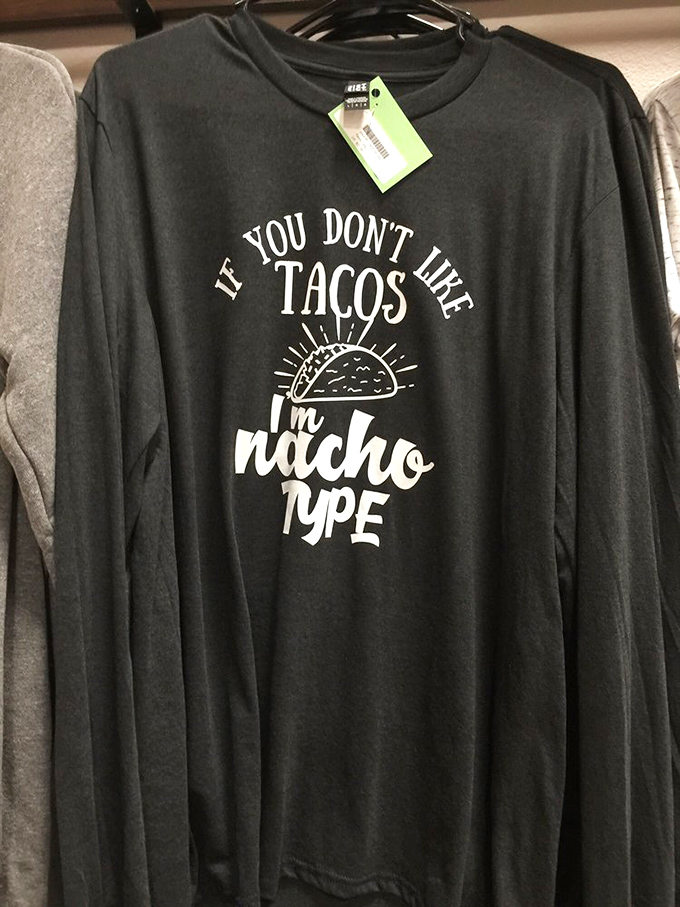 Food humor wearable art! The "If you don't like tacos, I'm nacho type" shirt proves dad jokes never go out of style.