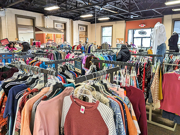 Racks upon racks of carefully organized clothing create a boutique experience where fashion-forward shoppers can refresh their wardrobes without financial regret.