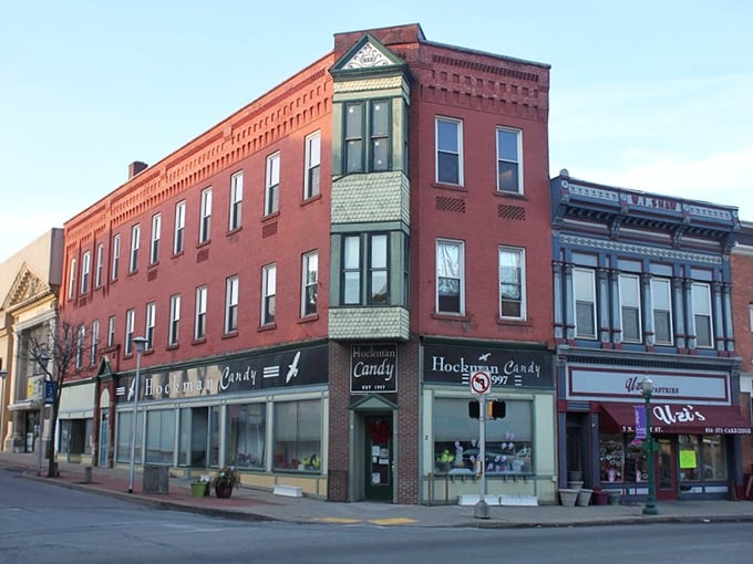 Hockman's Candy Shop anchors this colorful corner, proving that in DuBois, life's sweetest pleasures are often found in historic buildings.
