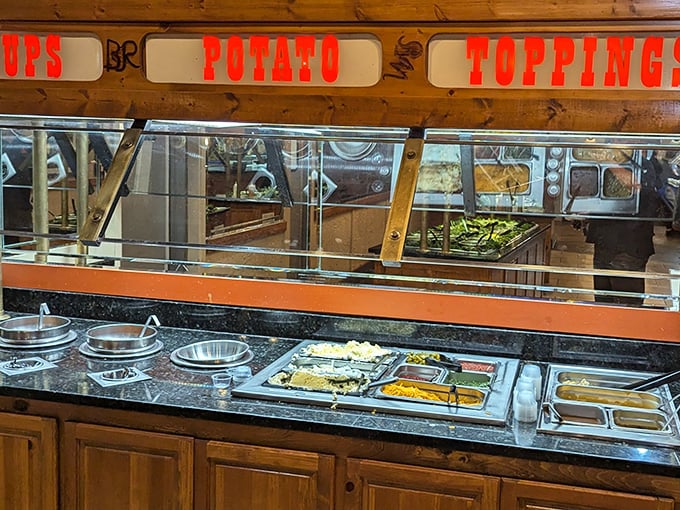 The potato bar offers endless possibilities for creating your own starchy masterpiece with endless toppings.