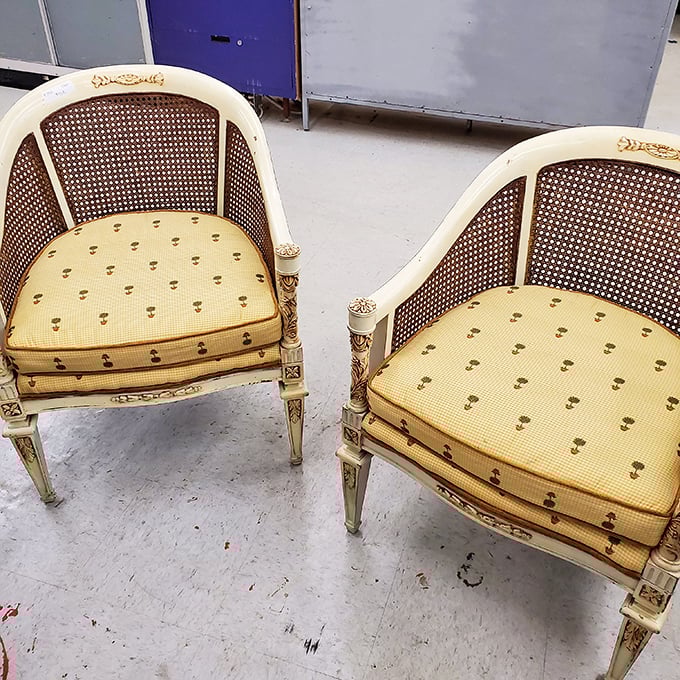 Elegant seating with stories to tell. These vintage cane-backed chairs have likely witnessed decades of dinner conversations and now await their next chapter.