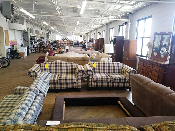 The plaid sofa convention has commenced! These comfortable seating arrangements are just waiting for new homes and fresh popcorn movie nights.