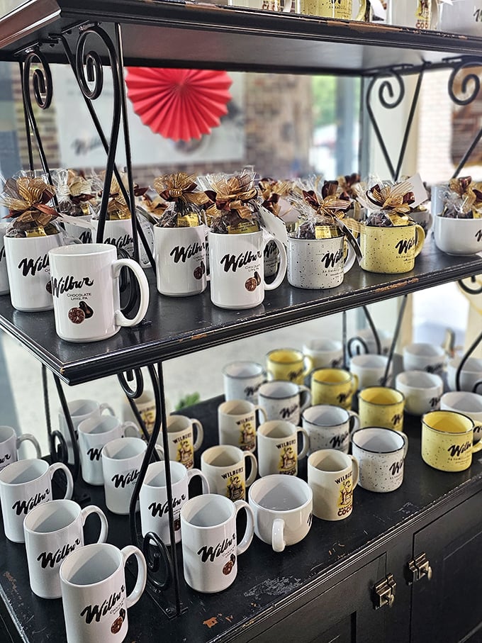 Mugs filled with chocolate treasures stand at attention, ready to become someone's favorite morning companion or the office gift that makes you the workplace hero.