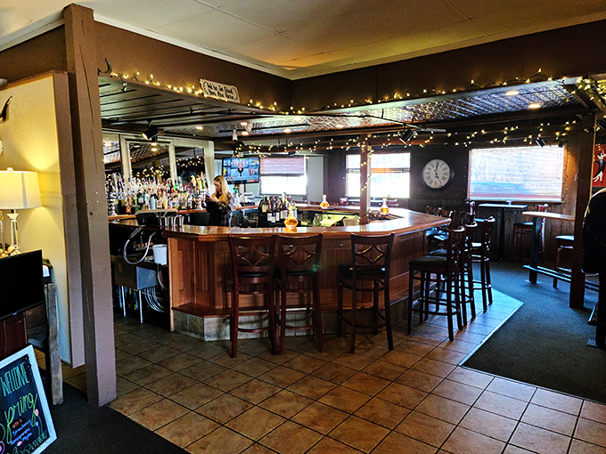 The bar glows with string lights year-round, creating that "holiday at home" feeling that makes every drink taste just a little more special.