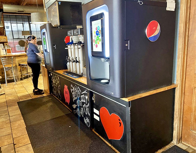 The soda station—where you mentally debate between diet and regular while knowing full well you've already committed to smoked meat heaven.