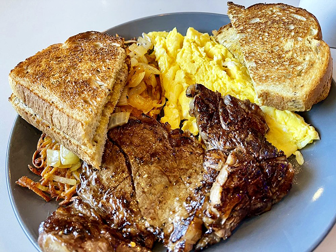Steak and eggs done right, with toast that's actually toasted and hash browns worth writing home about.
