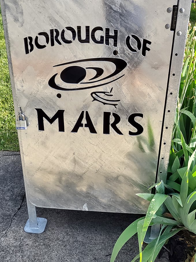 Mars Borough's official signage features Saturn-inspired imagery, doubling down on the celestial theme with metallic flair.