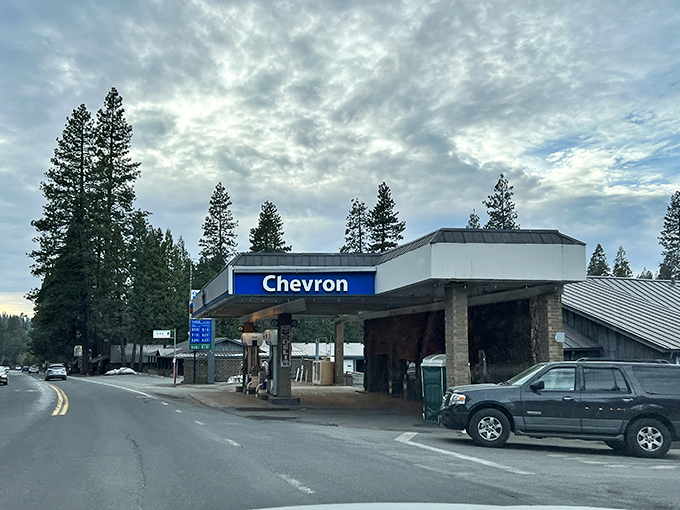 Even the Chevron station in Arnold gets the alpine treatment, proving that mountain towns don't do cookie-cutter corporate aesthetics.