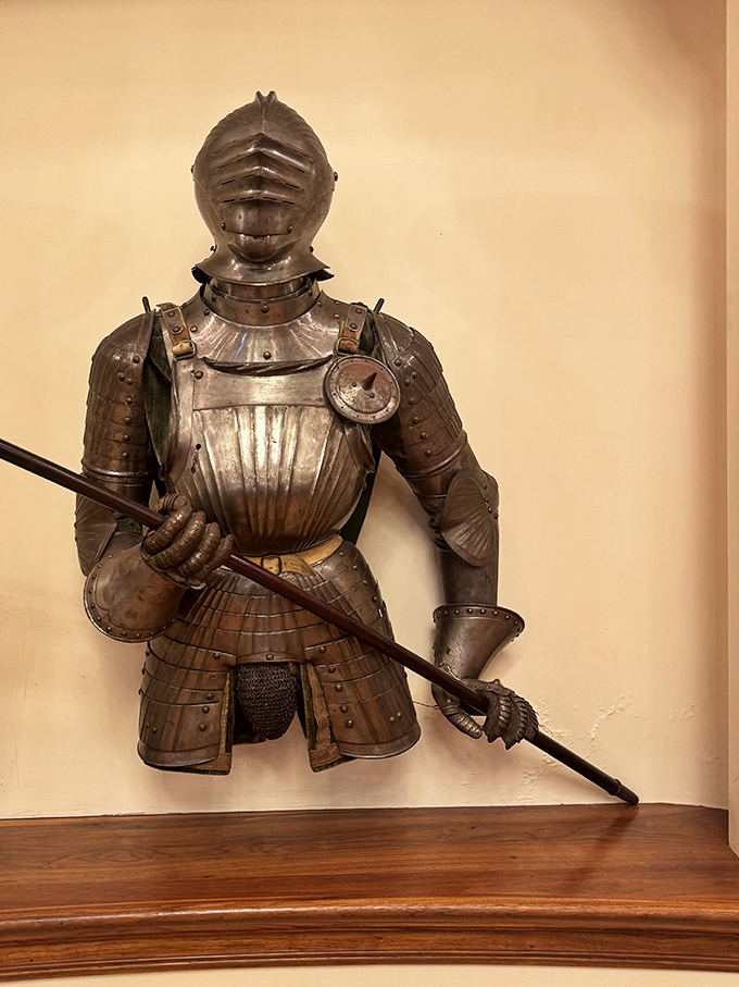 Nothing says "my castle is authentic" quite like a suit of armor standing guard, silently judging your casual attire for centuries. 