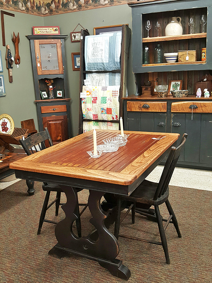 This farmhouse table has stories seasoned into its wood. Imagine the family dinners, homework sessions, and holiday gatherings it could host in its next chapter.
