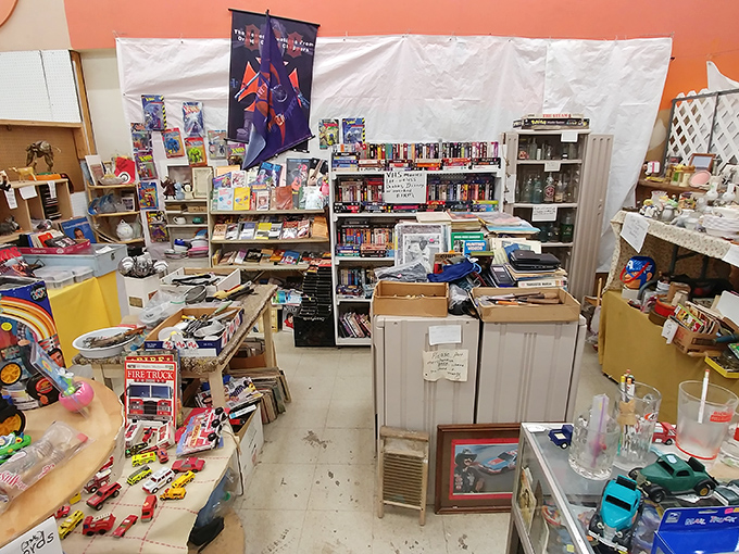 A bibliophile's dream tucked between toys and treasures. Books, games, and collectibles create the perfect storm for emptying wallets and filling bookshelves.