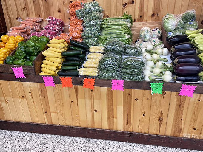 Farm-fresh vegetables displayed in wooden bins connect shoppers directly to Ohio's rich agricultural heritage and traditions.