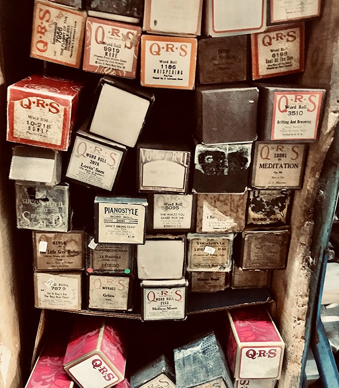 Piano roll paradise! Before Spotify playlists, these perforated paper rolls were how great-grandpa streamed his favorite ragtime hits at home.