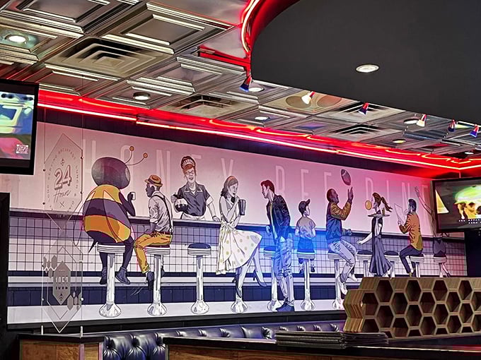 That mural isn't just decoration &ndash; it's diner philosophy in art form, celebrating the timeless ritual of gathering around good food at any hour.