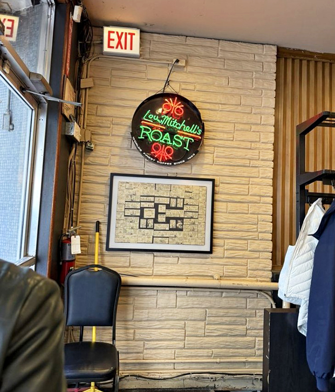 Vintage charm meets breakfast necessity. The neon "ROAST" sign glows like a promise of the coffee excellence that awaits.