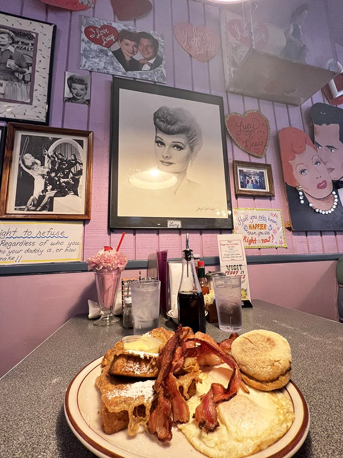 Lucille Ball watches over your meal like a glamorous guardian angel, ensuring your breakfast meets her exacting standards.
