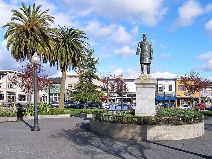 Arcata's town square, where palm trees and Victorian buildings create California's perfect marriage of tropical and traditional.