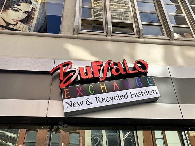 Buffalo Exchange's urban chic signage promises curated fashion finds rather than the typical thrift store treasure hunt.
