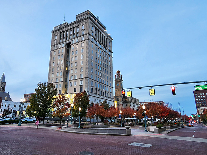 Canton's historic buildings stand like well-dressed gentlemen at dusk, their clock tower keeping watch over a city that values its past.