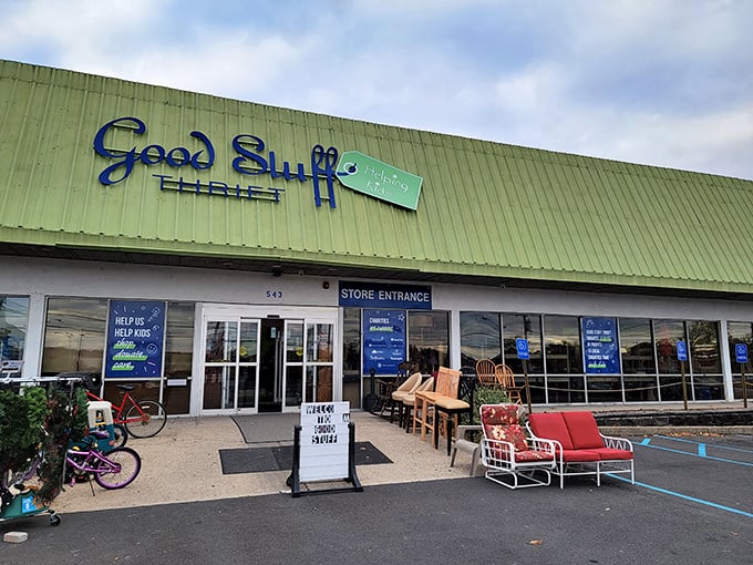 Good Stuff's distinctive green roof signals the eco-friendly nature of thrift shopping in Fairless Hills.