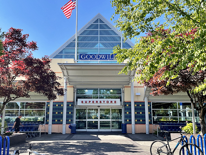 Goodwill's flagship store looks more like a modern mall than a thrift shop. That glass pyramid entrance promises elevated secondhand shopping.