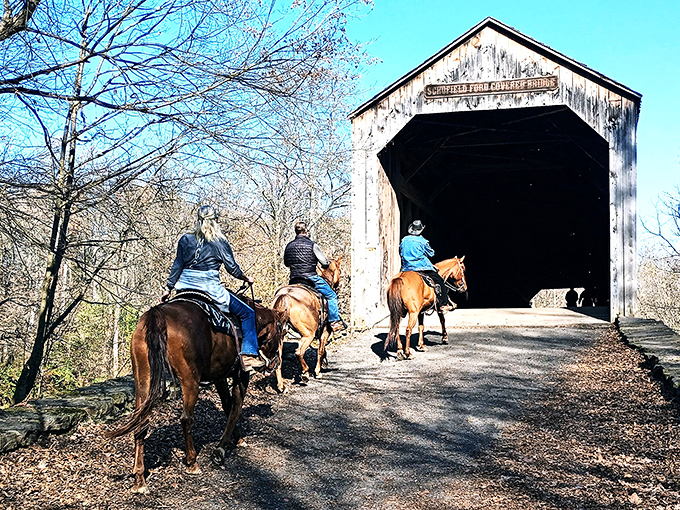 Schofield Ford Bridge welcomes modern-day explorers on horseback, proving some traditions never go out of style.
