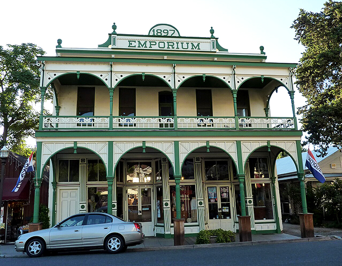 Jamestown's historic Emporium building stands as a mint-green testament to the town's prosperous mining past and enduring charm.