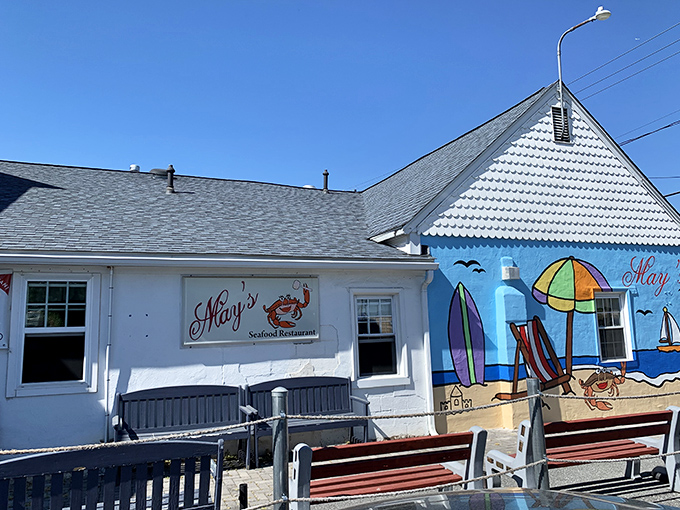 May's blue-trimmed beach mural brings coastal vibes inland. This Frederick favorite proves good seafood can thrive miles from the bay.