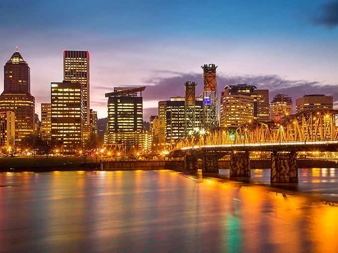 Portland's skyline glows at dusk, the Hawthorne Bridge connecting east and west like a steel handshake.