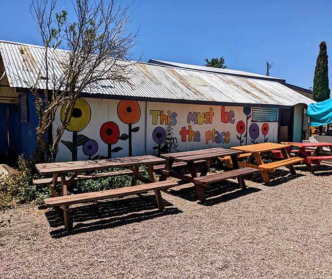 "This must be the place" indeed &ndash; Sonoita's quirky outdoor dining area invites travelers to rest in the shade.