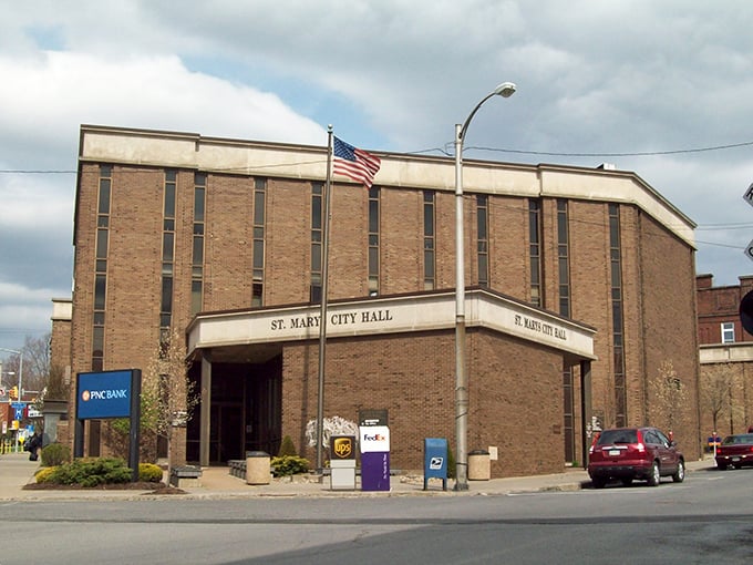 St. Marys City Hall stands solidly brick against the sky, a no-nonsense building for a town that values practicality.