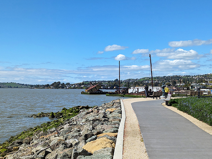 The scenic shoreline in Benicia invites contemplation, where water meets sky and ships pass silently through the strait toward San Francisco Bay.