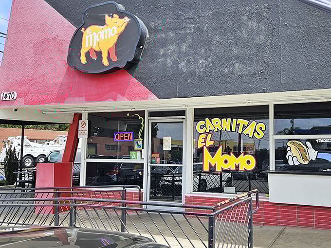That golden pig sign is basically a bat signal for carnitas lovers across Southern California. Simple outside, spectacular inside&mdash;just like the perfect taco.