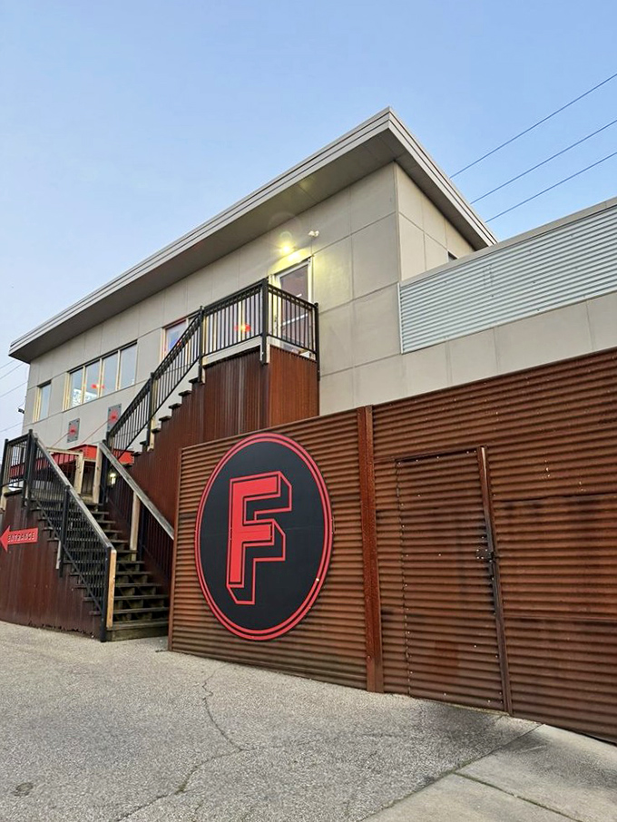 Modern lines and a second-story deck hint at Futuro's contemporary approach to Detroit-style pizza perfection.