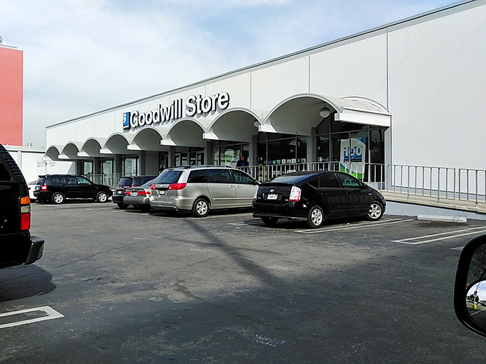 The white arches of Goodwill's entrance frame a world of possibilities. Behind those doors, yesterday's trends await rediscovery.