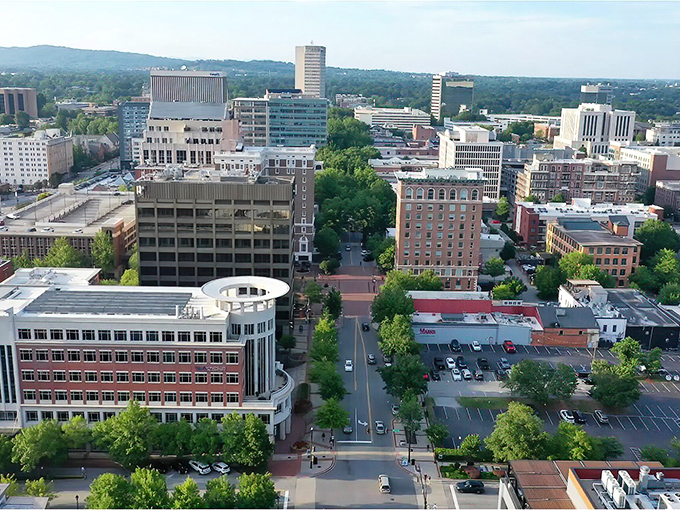 Greenville's downtown grid reveals a walkable city where tree-lined streets connect historic buildings with modern amenities&mdash;no GPS required for human-scale exploration.
