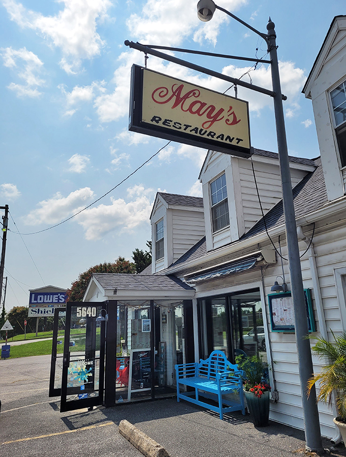May's simple storefront and vintage sign speak of decades serving Frederick's seafood cravings. That blue bench invites you to sit and savor.