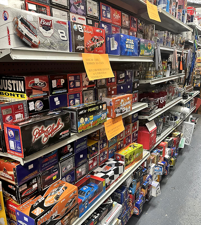 NASCAR fans and memorabilia collectors find their happy place among these shelves of automotive history and nostalgia.