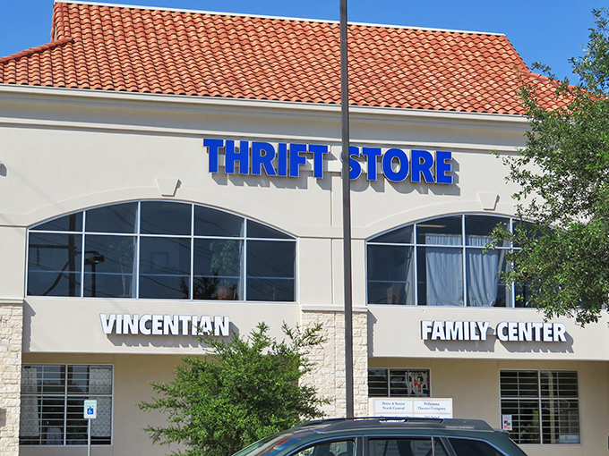 Terracotta roof tiles crown this thrift store like a Spanish villa, where every purchase writes a new chapter in someone's story.