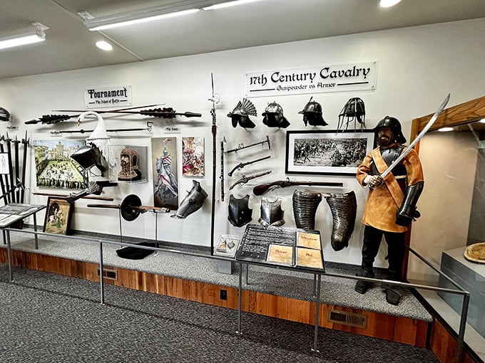 The 17th Century Cavalry exhibit proves that even as warfare evolved, soldiers still appreciated a good hat and a sharp blade.
