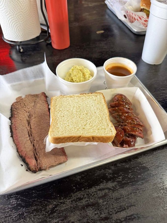 The perfect Texas two-step: brisket and sausage dancing on your palate. Add potato salad and sauce for the full choreography. 