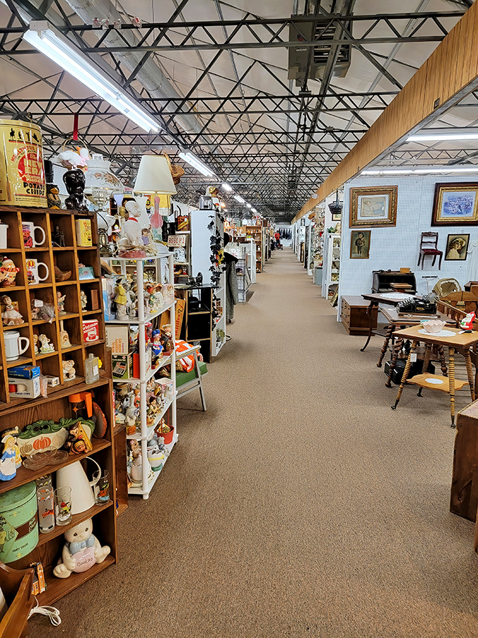 Long corridors of carefully curated booths create a museum-like experience where every turn reveals another decade's treasures.