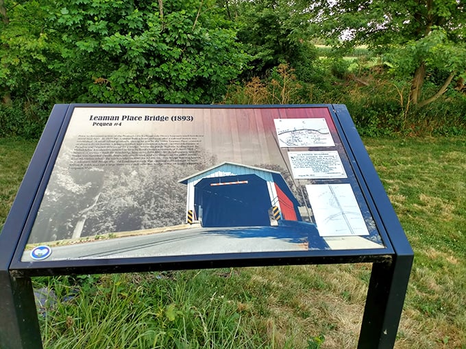 Summer brings lush greenery surrounding the historical marker. The perfect spot to learn while enjoying the peaceful sounds of Pequea Creek nearby.