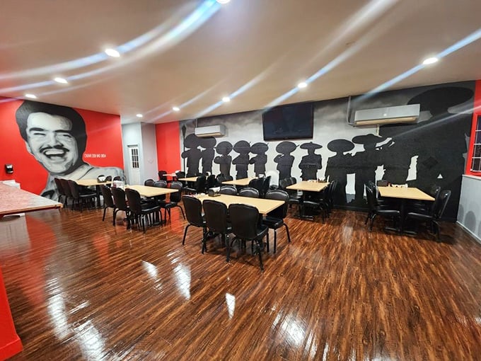 The dining room's striking mural creates an atmosphere where you feel like you're breaking bread with legends. Vicente Fernández would approve.