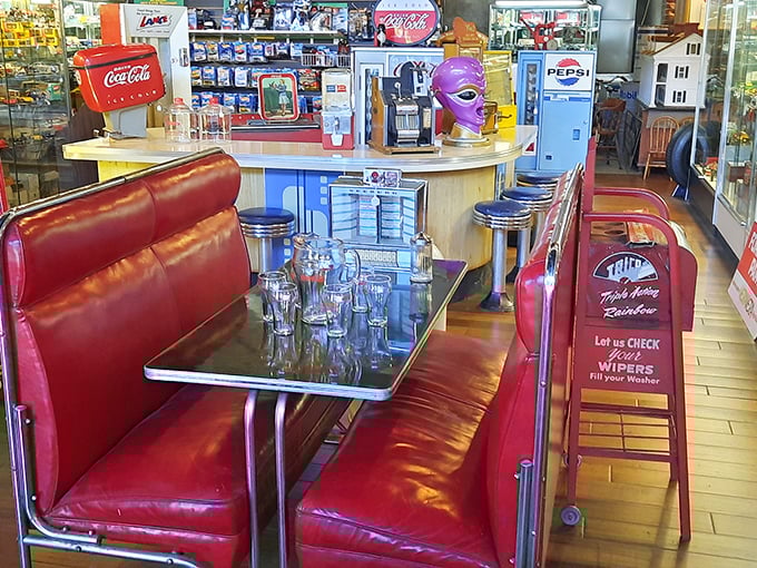 The classic American diner booth&mdash;where countless first dates, family meals, and road trip pit stops created memories over chocolate malts.