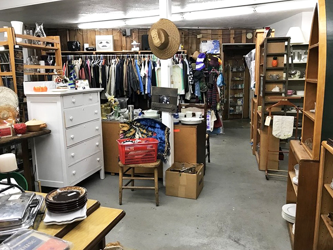 The clothing corner&mdash;where vintage fashion meets practical Oregon coast wear, and that straw hat is just waiting for its beach day debut.