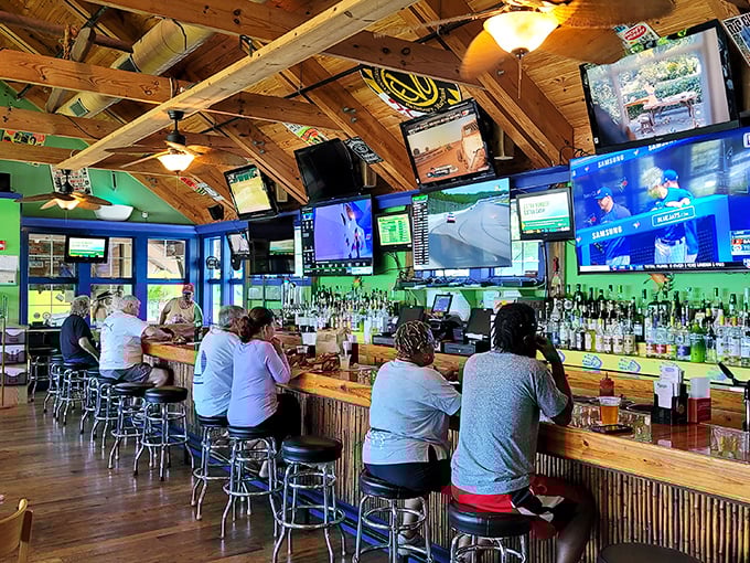 The bar area&mdash;where strangers become friends over cold beers and shared stories of the "biggest crab I ever caught."