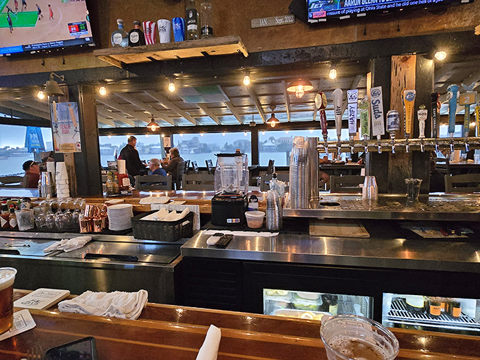 A well-stocked bar with a water view &ndash; because seafood tastes better when you can see where it came from while you're eating it.